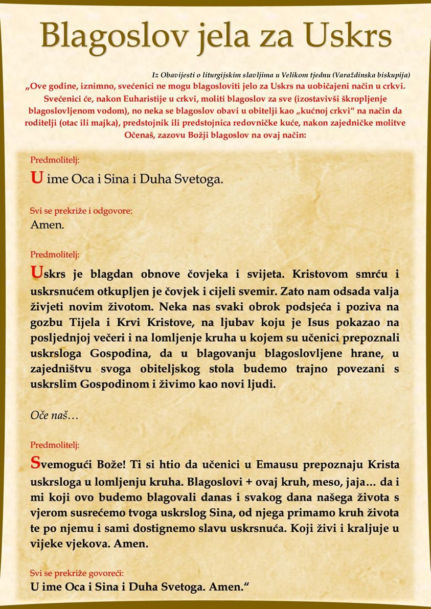 Varaždinska Biskupija - Molitva za blagoslov jela u obitelji na Uskrs